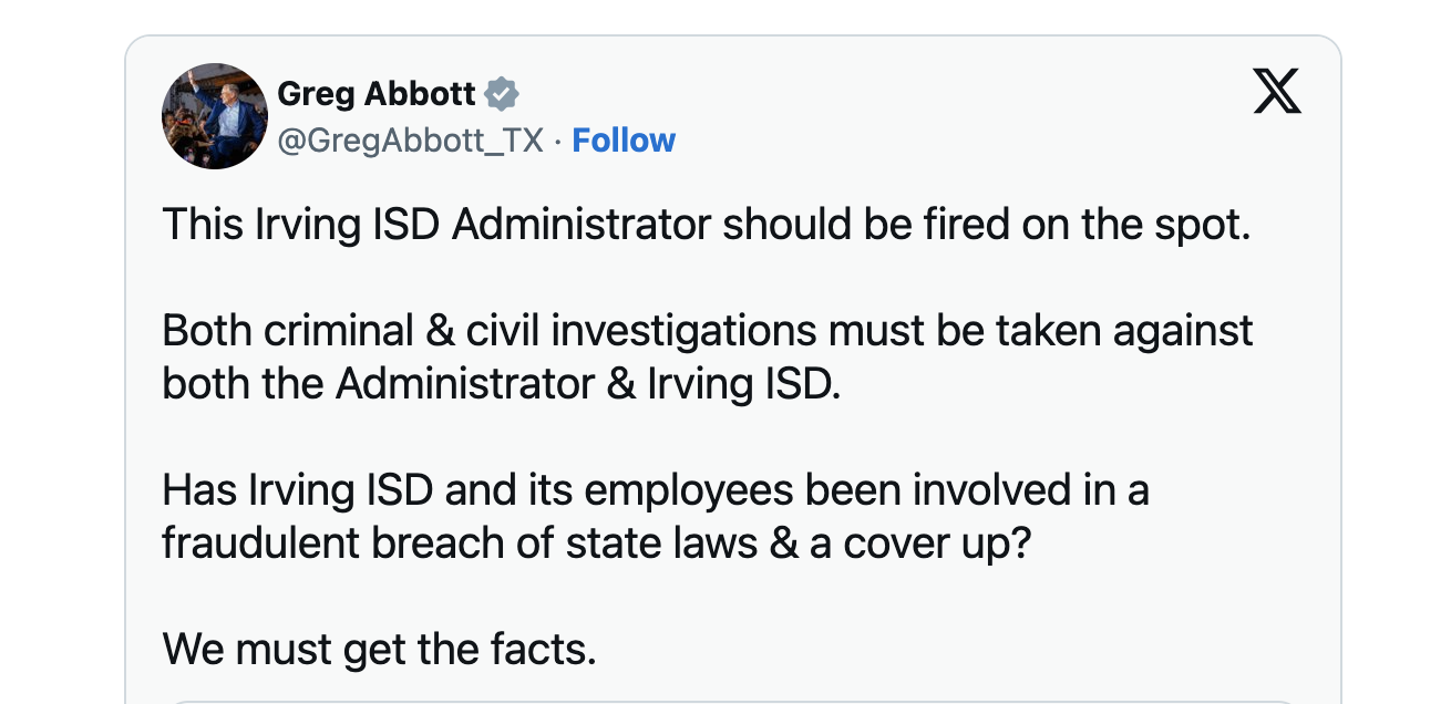 CBS: Irving ISD administrator resigns after video sparks Texas Gov. Abbott to call for ...